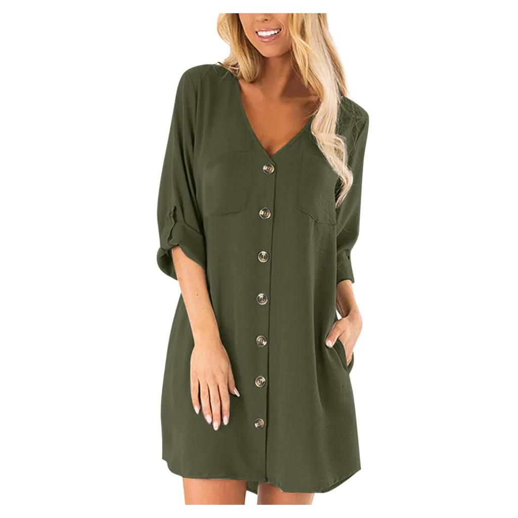 Vestido corto informal de lino y algodón con bolsillos para verano, minivestido con escote en V ...