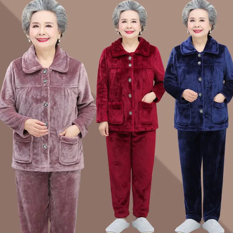 Elderly grandma pajamas flannel loose 2021 autumn winter warm long ...