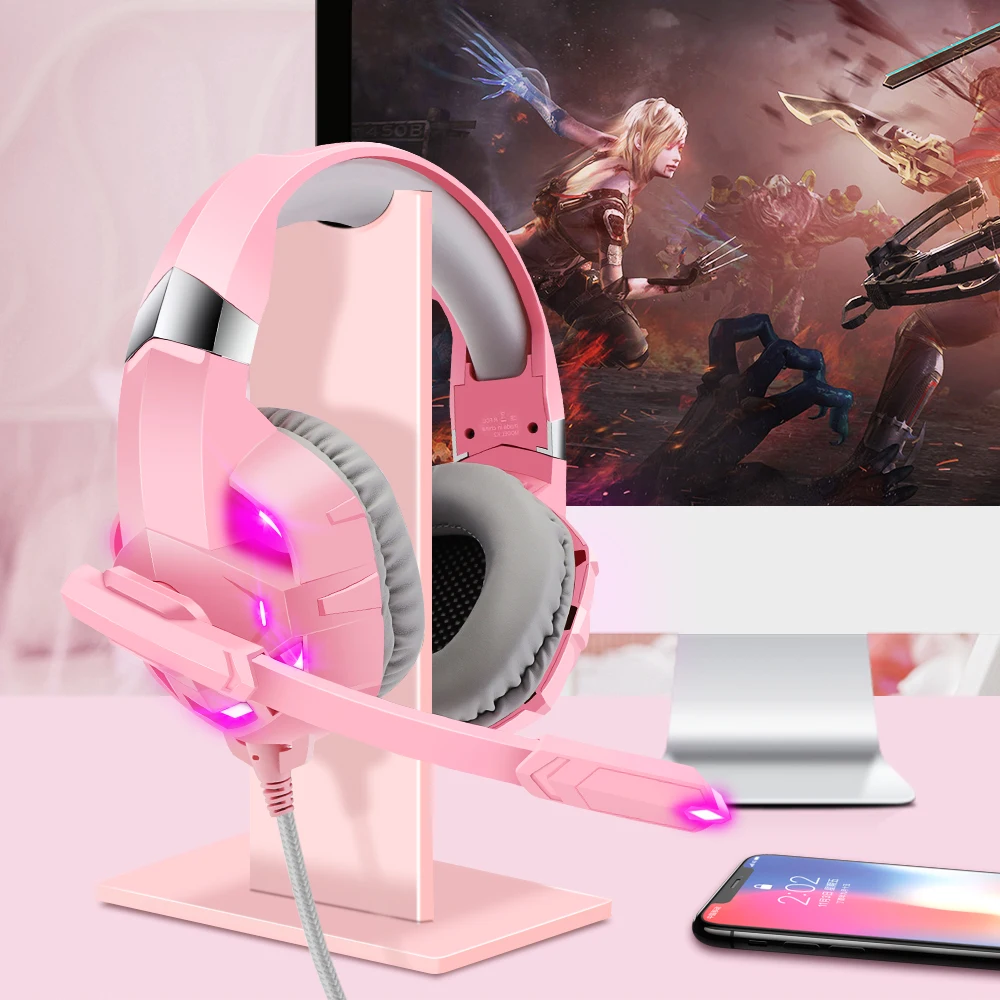 Headset Over Ear rosa para meninas, menina gamer, microfone HD, luz LED ...