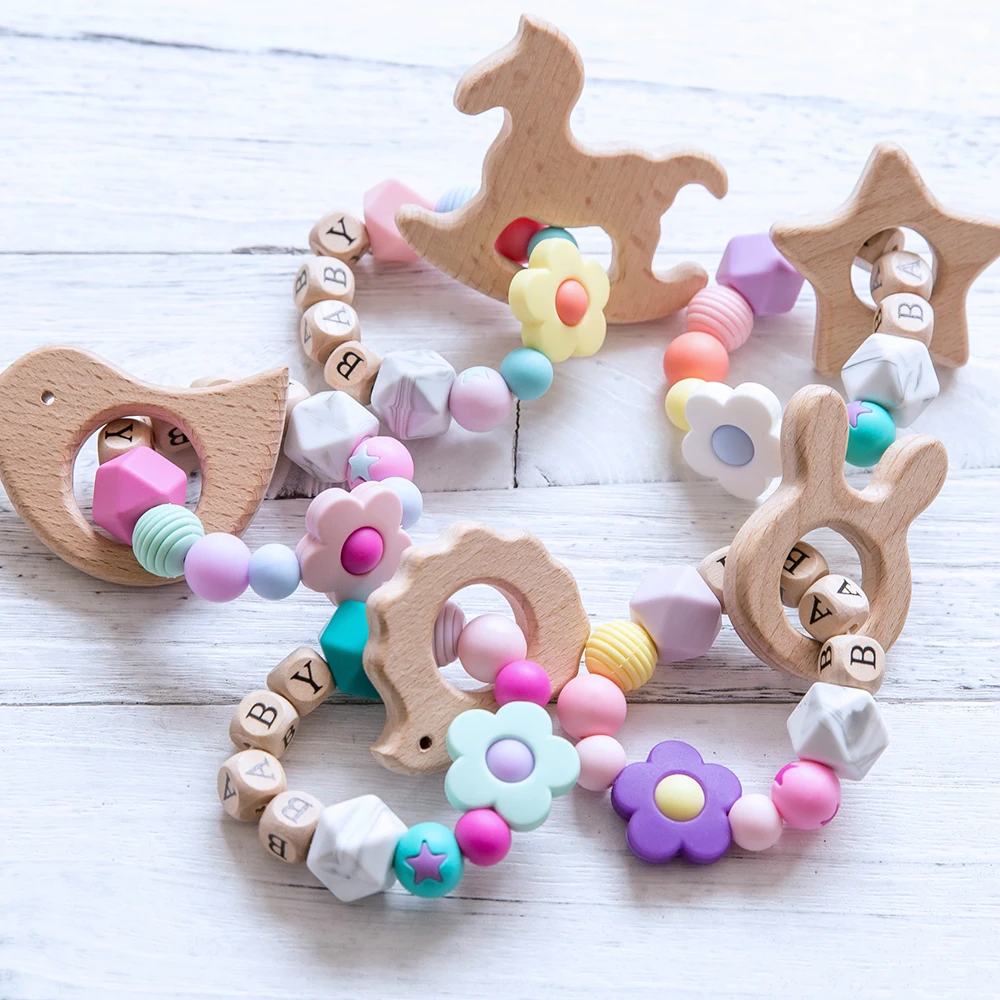 1pc 아기 Teether 장난감 유아 나무 팔찌 실리콘 구슬 간호 팔찌 아기 딸랑이 나무 Teether 유모차 액세서리 장난감