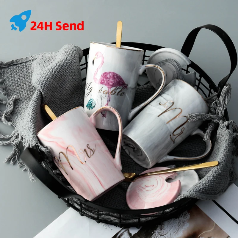 플라밍고 대리석 패턴 컵 프놈펜 커피 머그잔 선물 상자 세트 커플 세라믹 럭셔리 기념품 웨딩 신부 연인 Drinkware머그잔