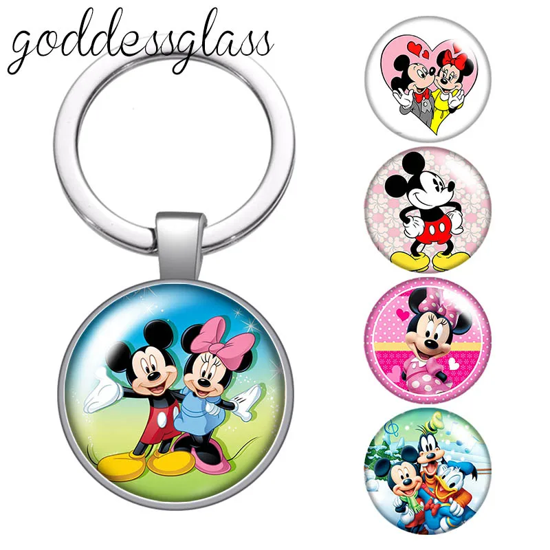 Cute-Mickey-mouse-Minnie-mouse-Round-glass-cabochon-keychain-Bag-Car ...