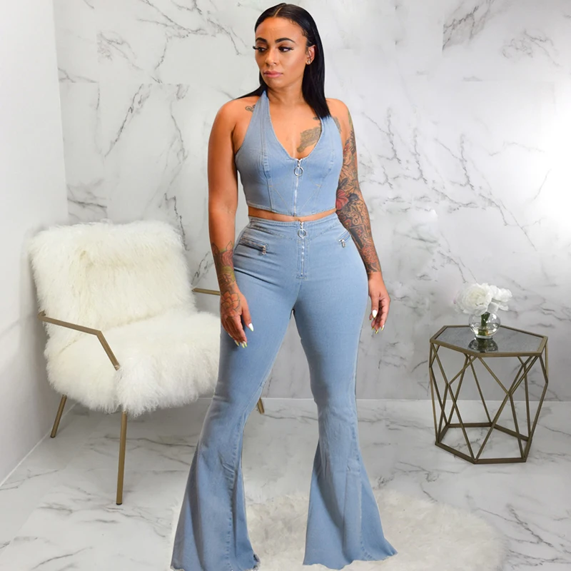 Sexy-Matching-TWO-PIECE-SET-Denim-Jeans-Suit-Women-Crop-Top-Halter-Neck ...