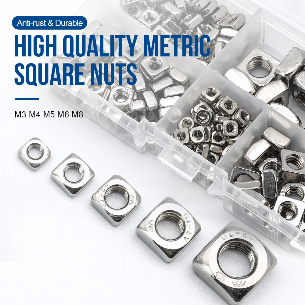 NINDEJIN 185pcs Square Nuts Assortment Kit A2 Stainless Steel M3 M4 M5 ...