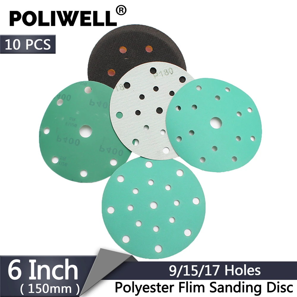 POLIWELL 10PCS 6 Inch Wet Dry Sanding Discs 9/15/17 Hole 60-800 Grit ...
