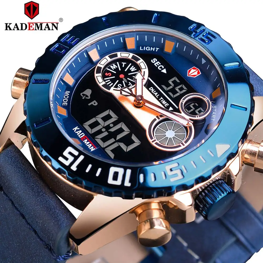 Kademan Fashion Mens Watch Blue Quartz Clock Digital Dual Time Sport ...