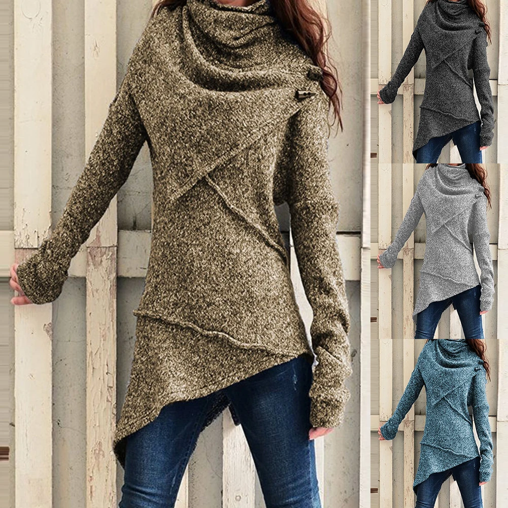 Retro Fashion Turtleneck Irregular Slim Solid Color Knitted Sweater