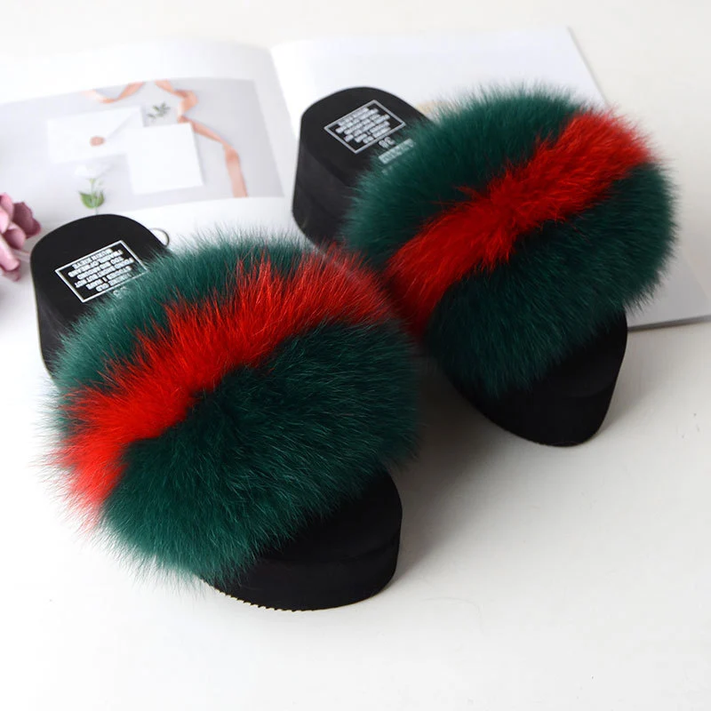 Chausson,Pantoufles à semelles compensées pour femmes, en fourrure de ...