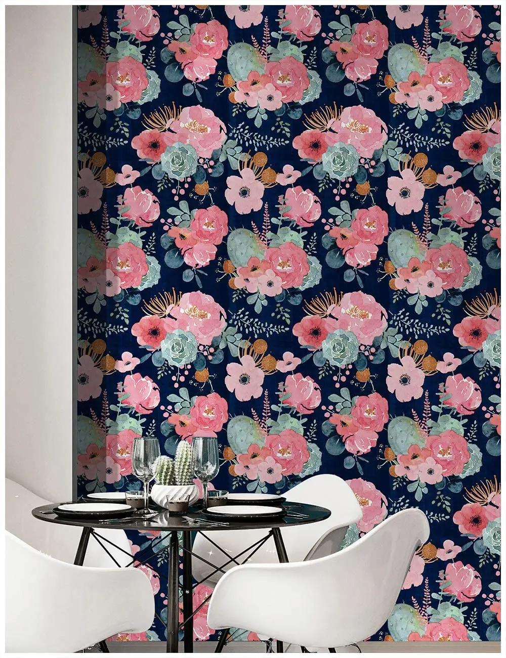 Papel De Parede Floral Rosa E Azul