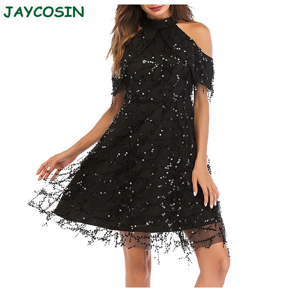 JAYCOSIN Clothes Women Sexy O Neck Flashy Sequins Embellished Summer ...