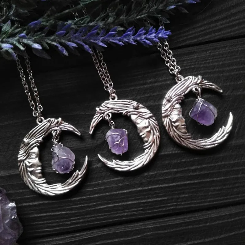 New Purple Crystal Moon Necklace Crescent Moon Jewelry Gothic Stone ...