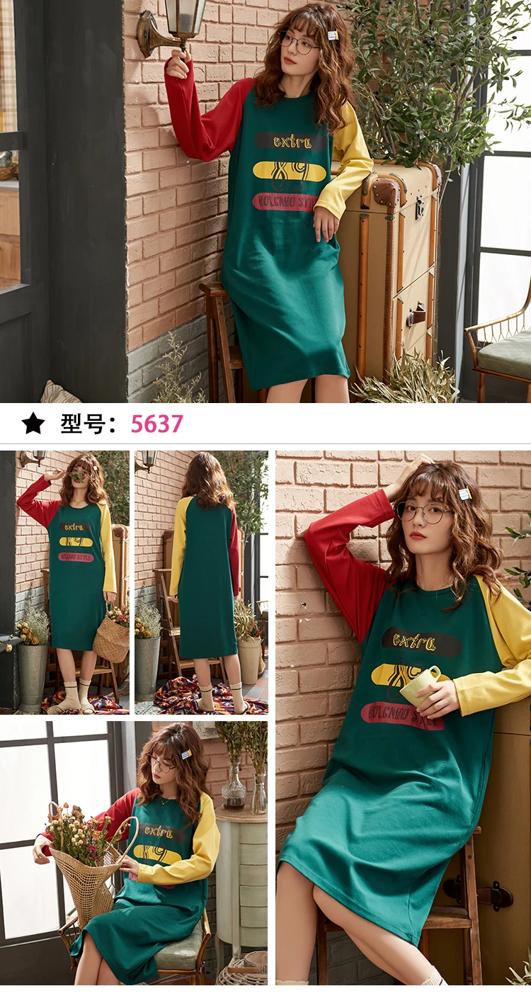 Женские хлопковые ночные рубашки Милая Ночная рубашка пижамы с длинным рукавом весна осень