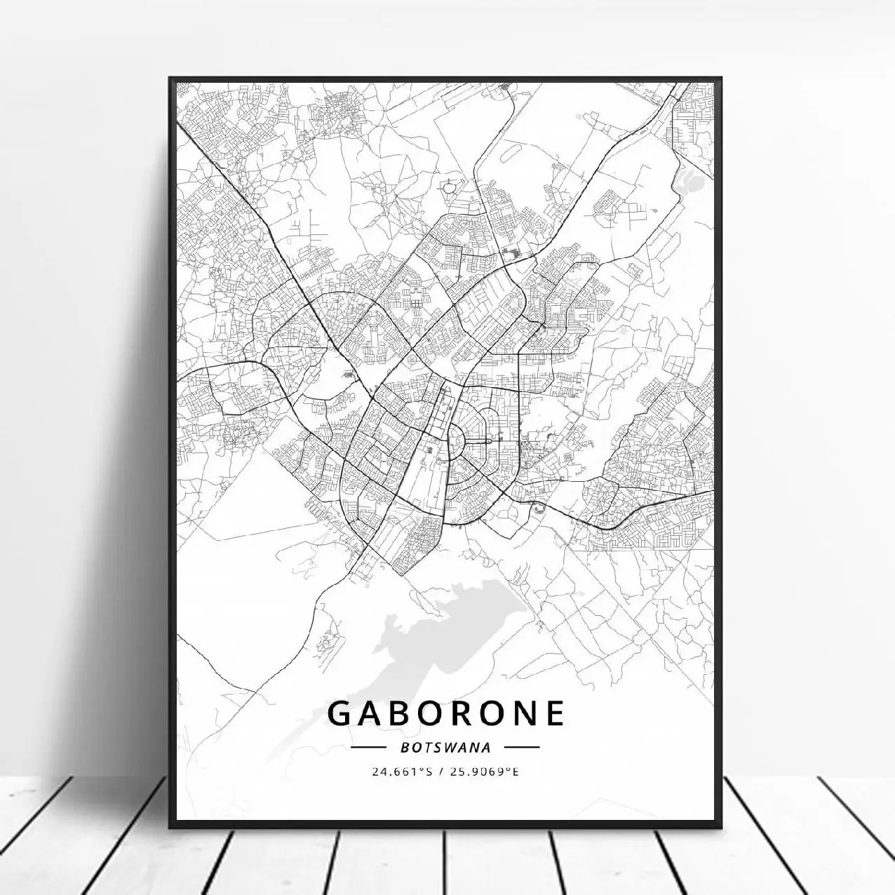 Black and White Gaborone Botswana Latitude Longitude Canvas Art Map ...