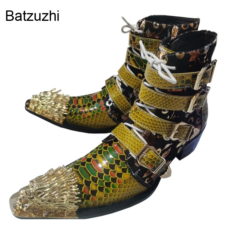 Batzuzhi luxo botas masculinas feitas à mão moda metal dedo do pé de ...