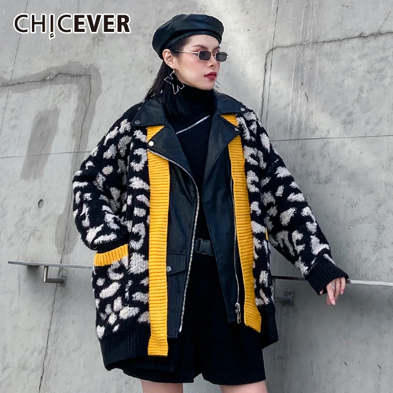 Chiever retalhos couro do plutônio hit cor jaqueta feminina lapela gola manga longa oversize ...