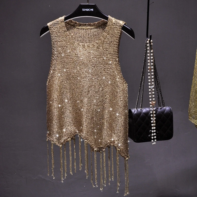 Sexy Shiny Gold Silver Knitted Tank Tops Women Bling Bling Sequined ...