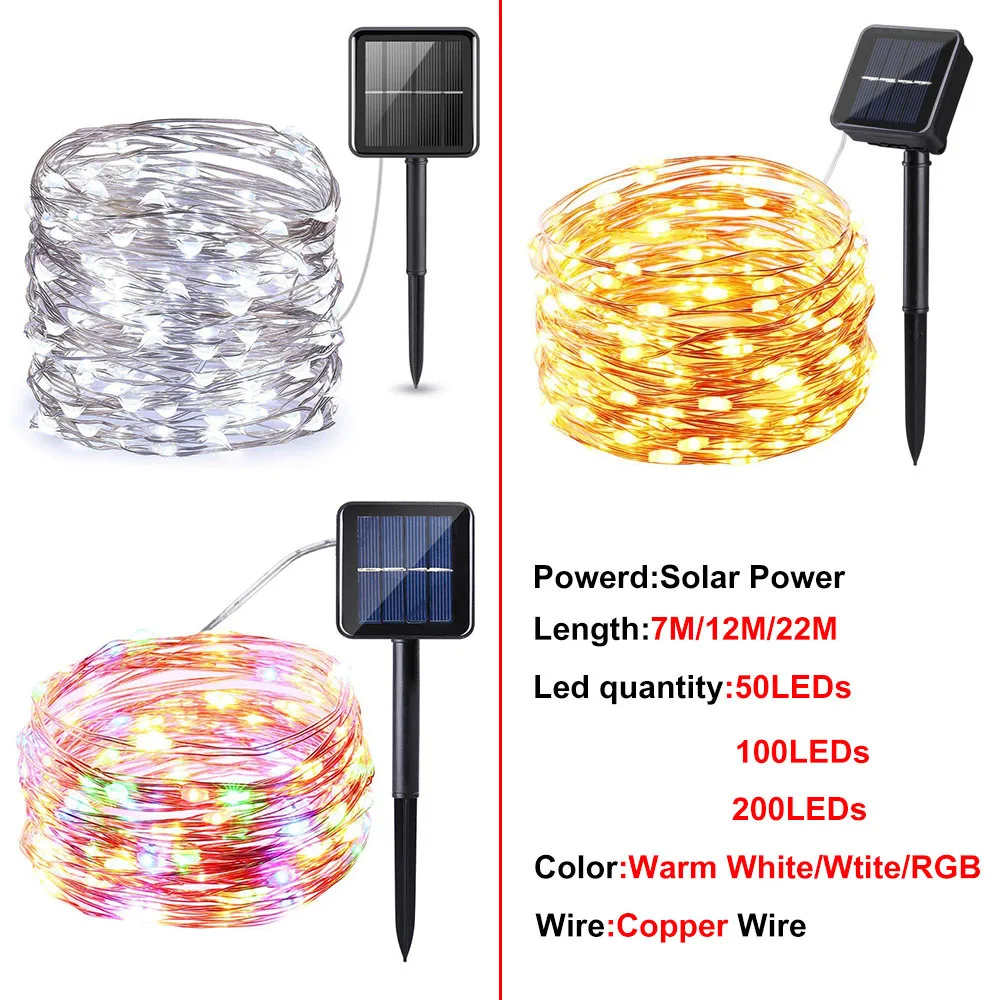 22m Led 태양 문자열 조명 홈 정원 구리 와이어 크리스마스 파티 휴일 장식 요정 빛 스트립 램프 야외 태양 광 발전 조명