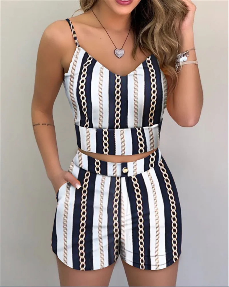 Summer-Women-Fashion-2-piece-Outfit-Set-Sleeveless-Print-Top-and-Shorts ...