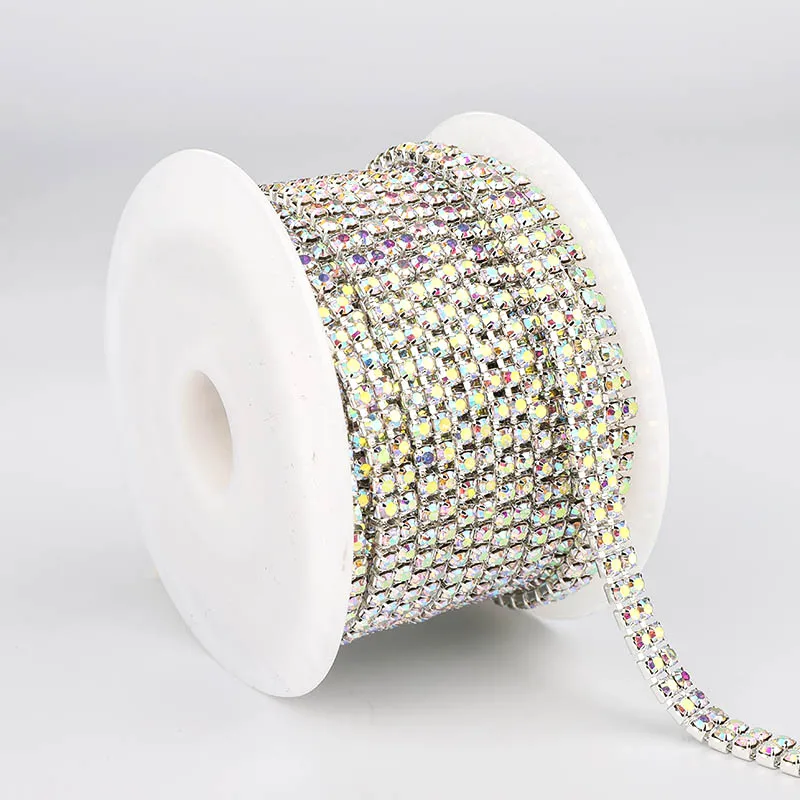 10-Yards-Glitter-Crystal-Roll-Rhinestones-Chain-2-Rows-Silver-Sew-On ...