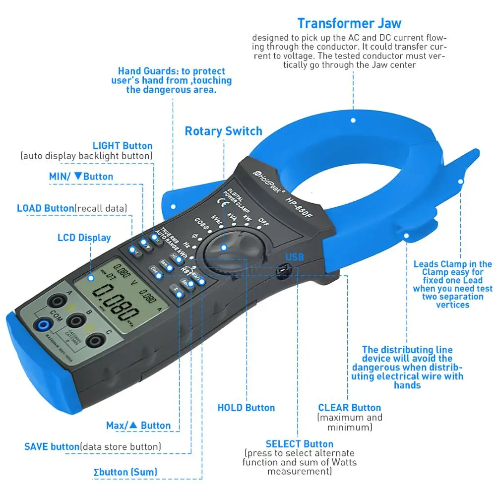 HP-850F Power Meters Intelligent Digital Three-Phase Power Clamp Table ...