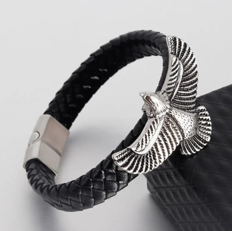 Vintage Eagle Bracelet for Men Black Leather Hand Band with Magnetic Clasp