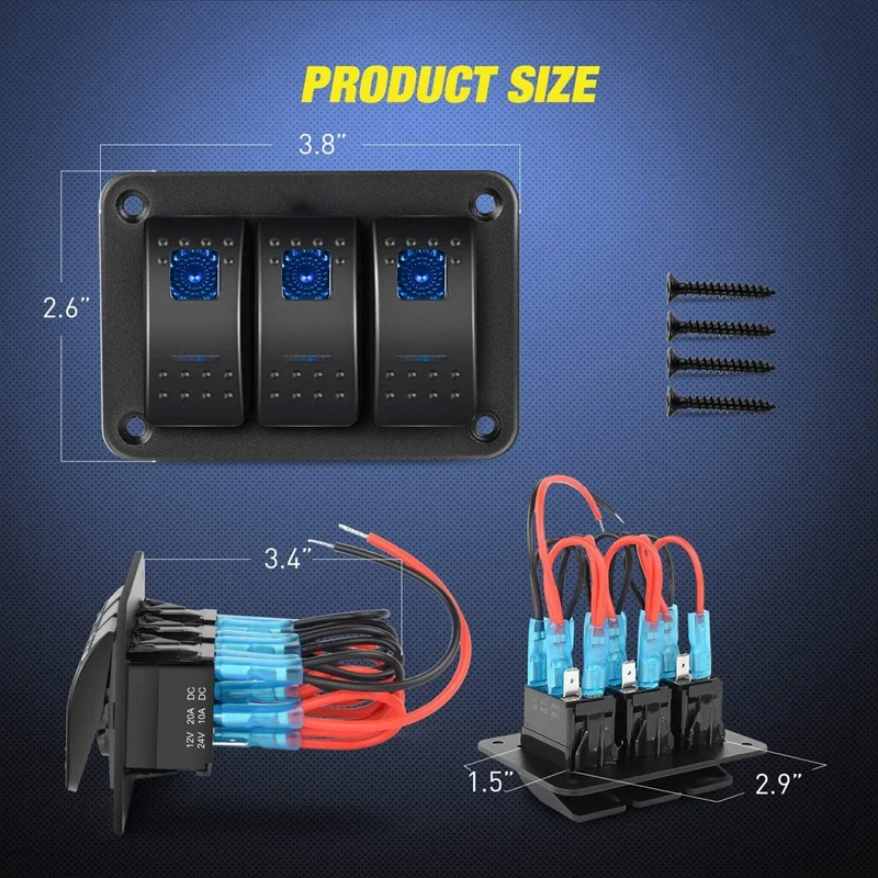 3 Gang Aluminum Panel Toggle Dash 5 Pin ON/Off Pre-Wired Rocker Switch ...