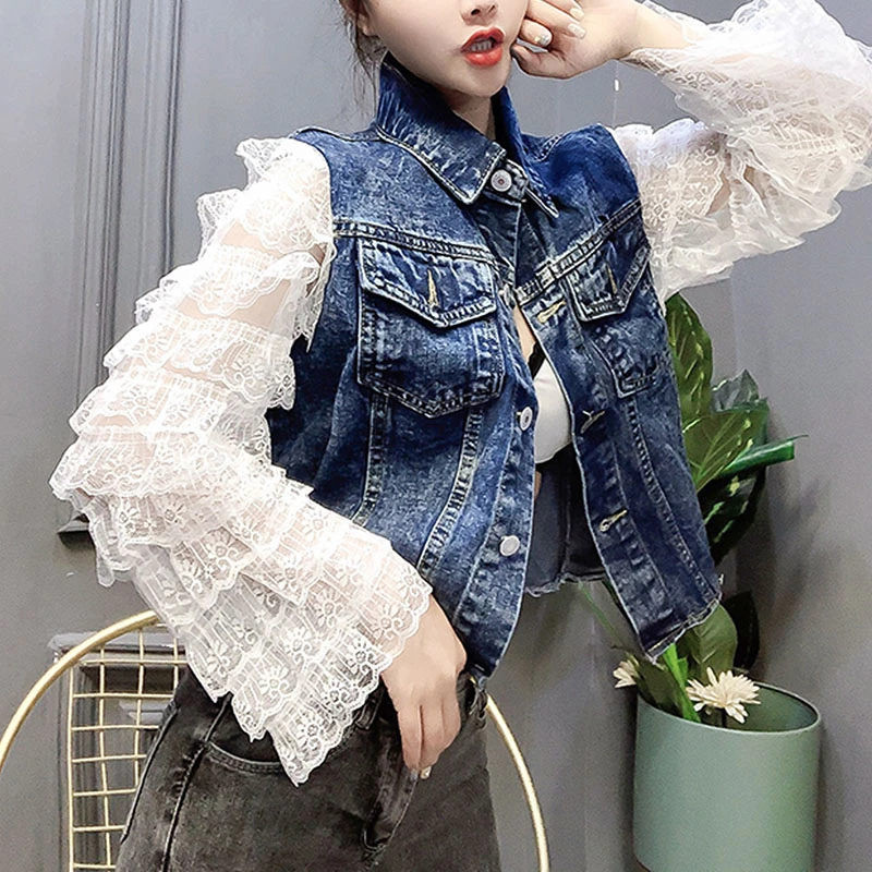 2021 새로운 봄 여성 스트리트웨어 가을 데님 자켓 아웃웨어 레이스 프릴 긴 소매 패치 워크 코트 청바지 코트 데님 탑스