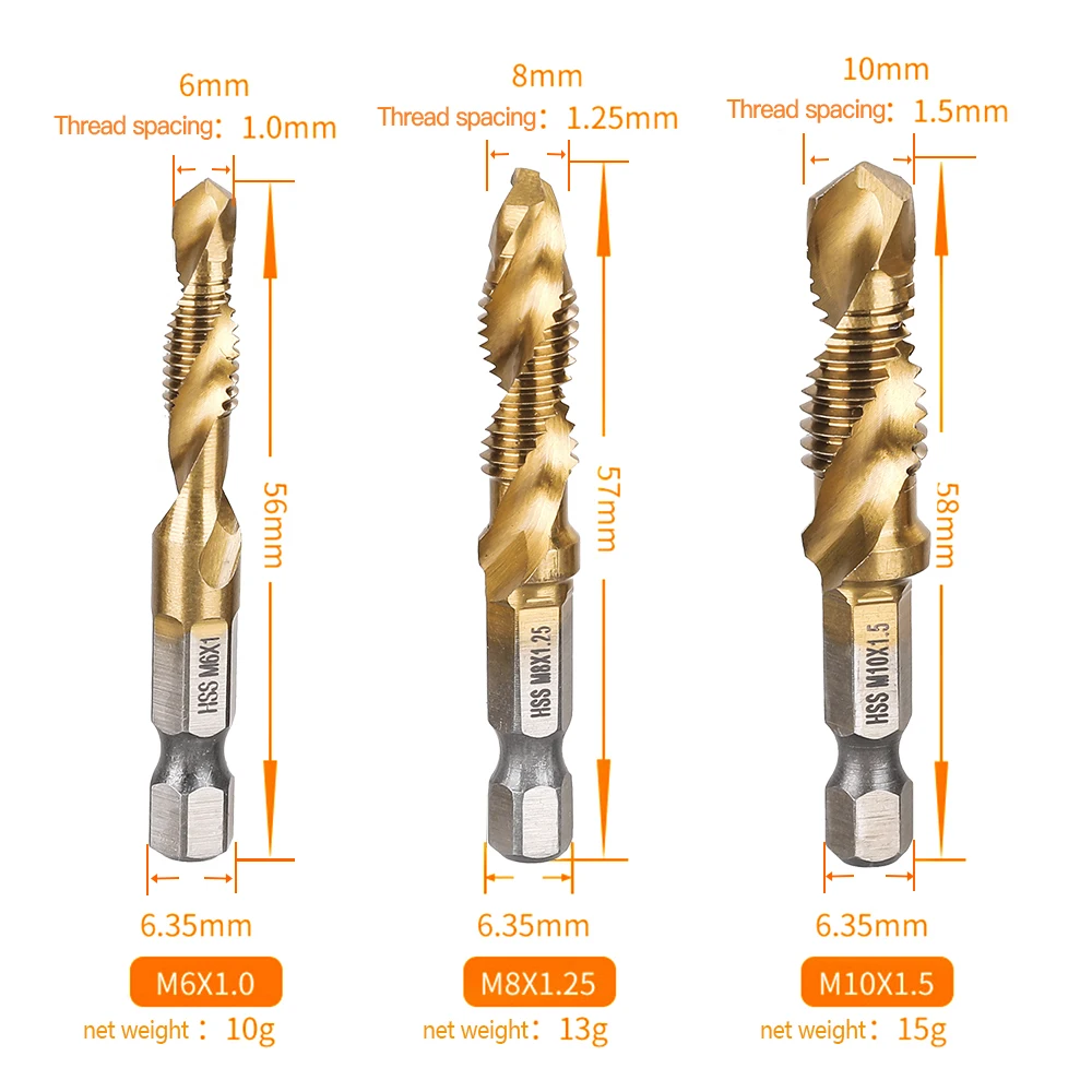Tournevis,Jeu de forets à tige hexagonale plaquée titane,filetage de fraise HSS vis métrique ...