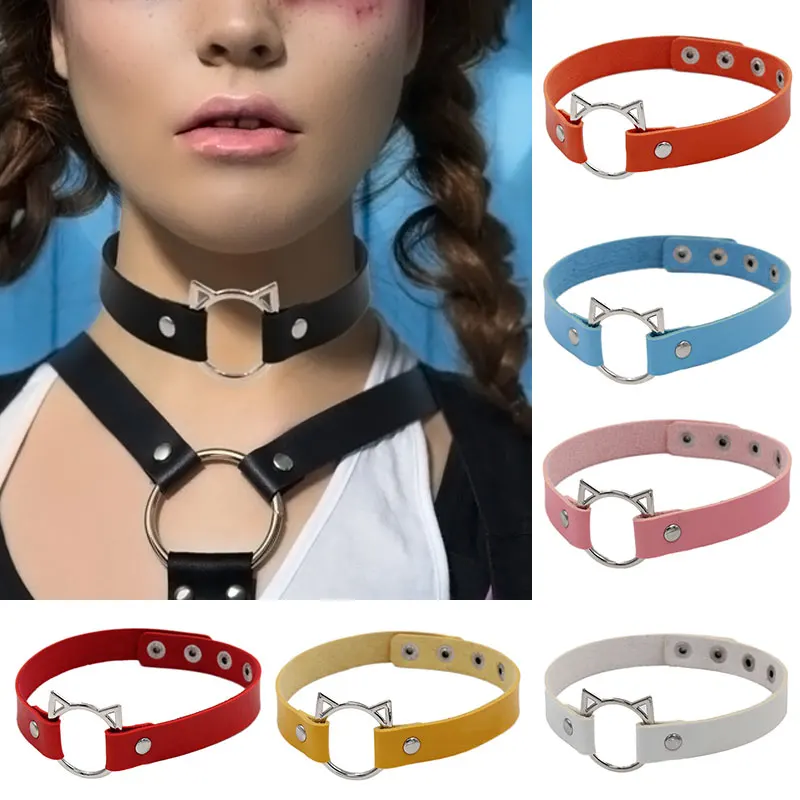 Gothic Punk Harajuku Necklace Pu Leather Cat Ear Choker Lady Collars ...