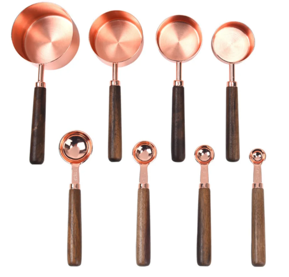 Copper-Measuring-Spoons-and-Cups-Rose-Gold-with-Wood-Handle-for-Liquid ...