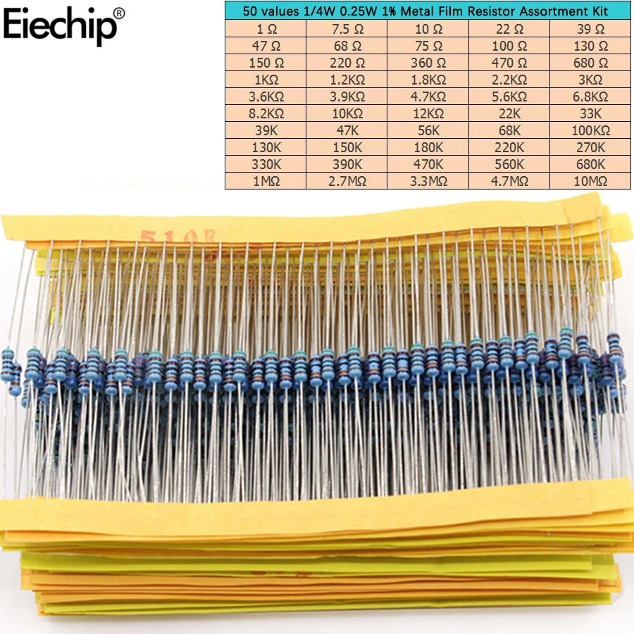 500pcs/lot 50 Values 1/4w Resistors Set Metal Film Resistor Assortment ...