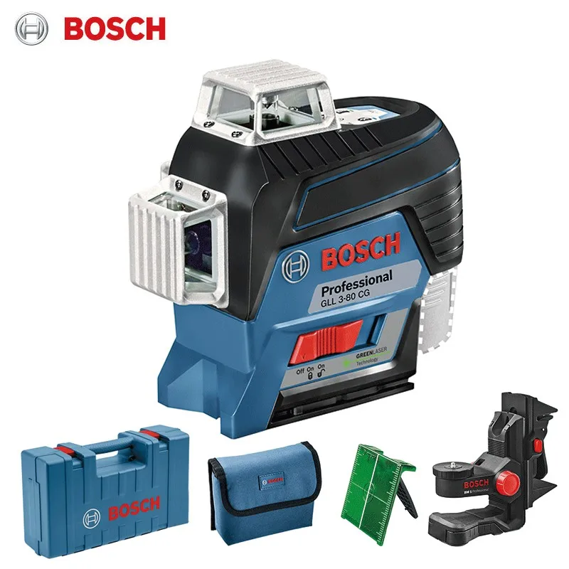 BOSCH Nivel láser GLL3 80CG, herramienta de nivelación 3D de 12 líneas y luz verde, cruce de ...