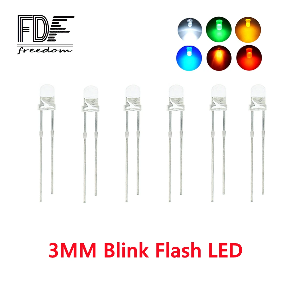 100pcs 3mm LED Diodes Flash Flashing White/Red/Blue/Green/Yellow/Orange ...