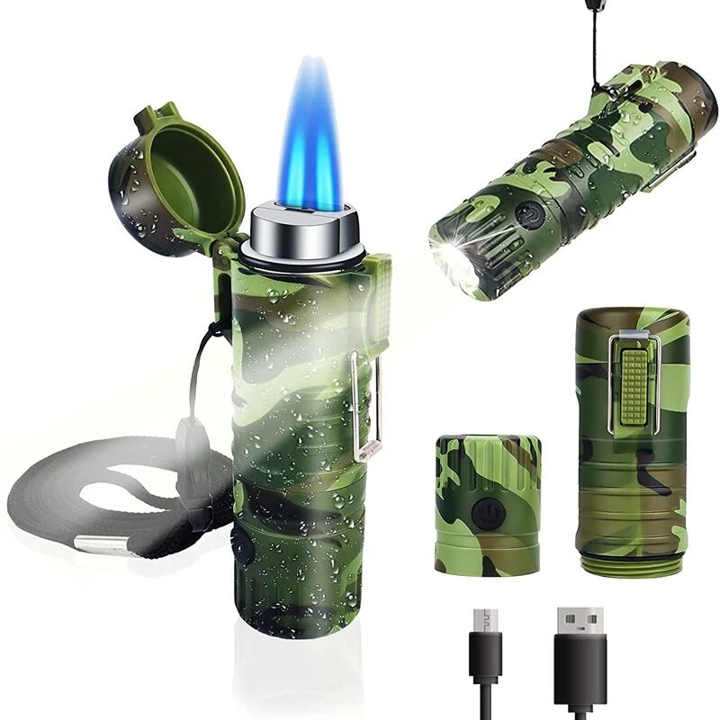 Multifunctional-Flashlight-Two-Fire-Jet-Torch-Lighter-Waterproof-and ...