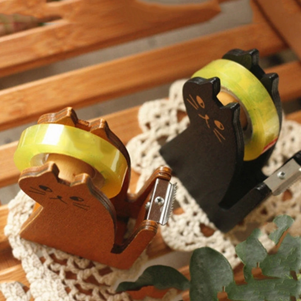 New Wooden Cute Tape Dispenser Cutter Kawaii Cat Office Accessory Mini ...
