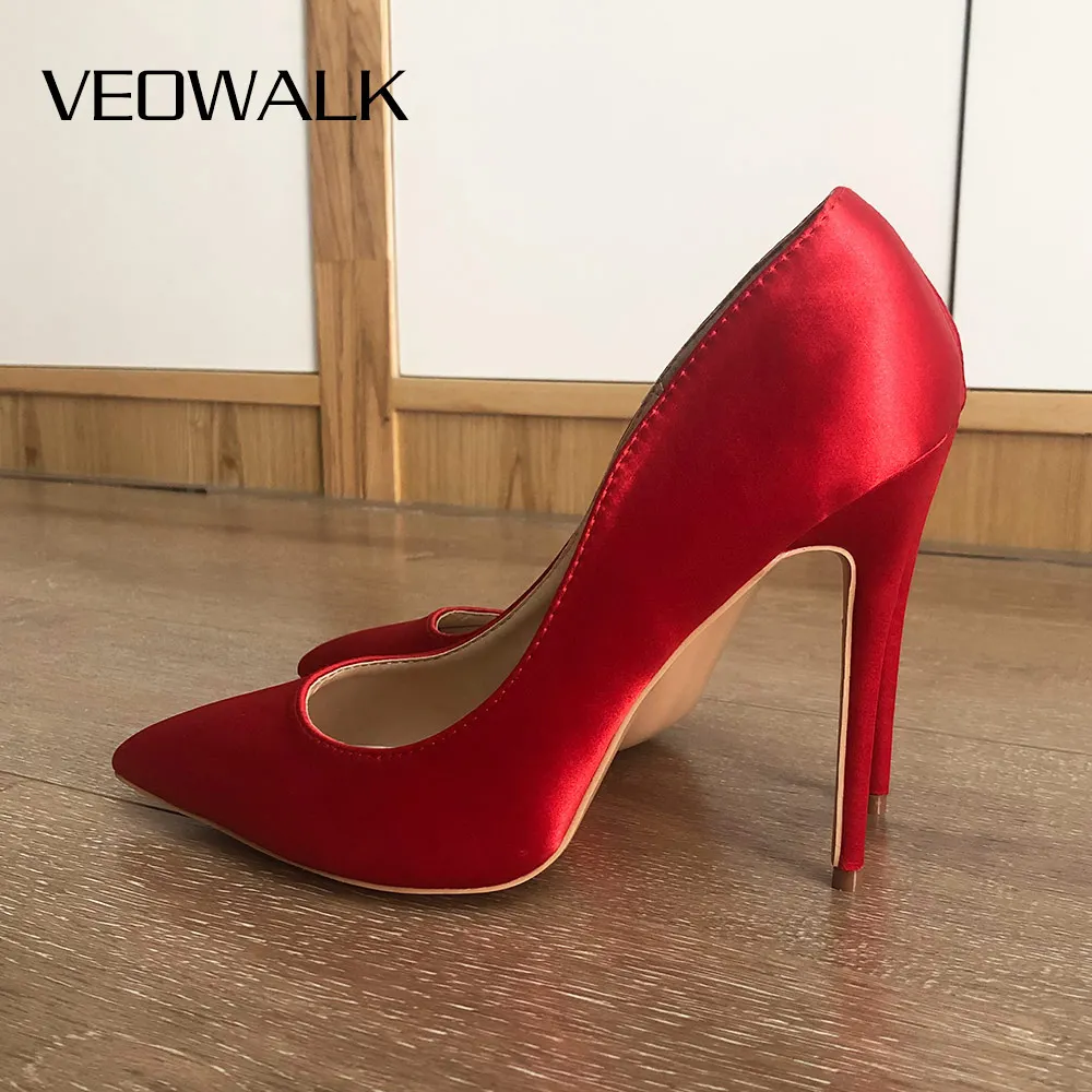 Veowalk Red Silk Satin Women Elegant Pointed Toe High Heel Shoes Ladies ...