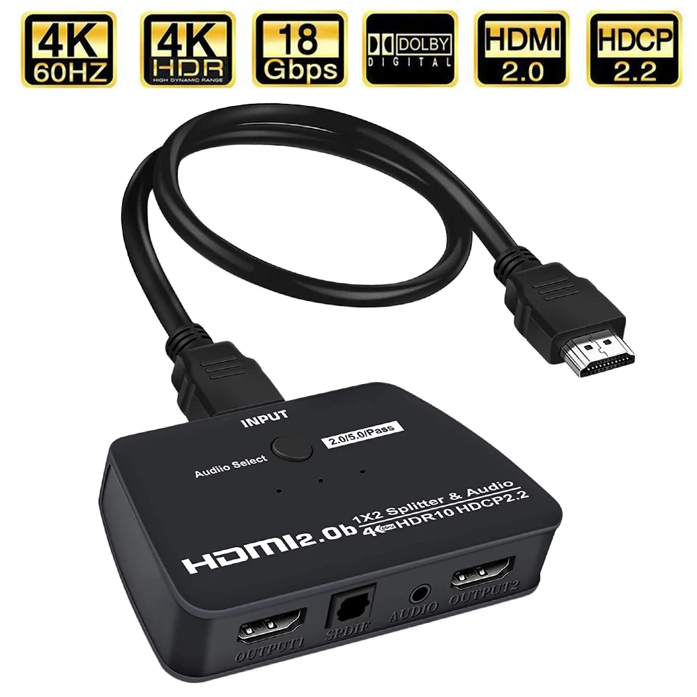 Divisor HDMI 4K 1x2, Extractor de Audio, amplificador HDR HDMI2.0, para PS4, Apple, TV, XBox ...