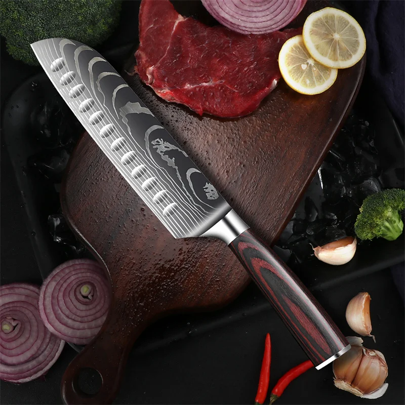 1pcs Chef Knife Set Kitchen Knives Damascus Pattern Sharp Santoku Knife ...