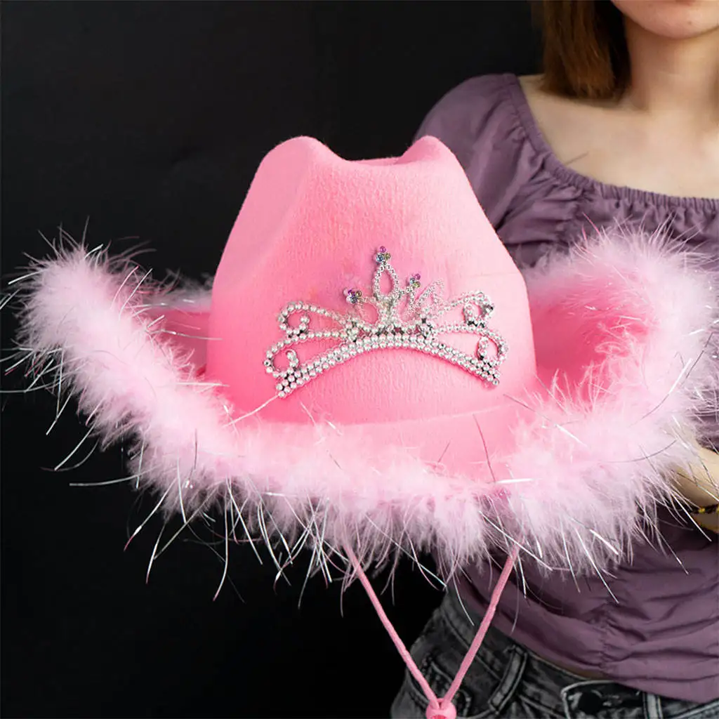 Western Style Cowboy Hat Pink Women's Fashion Party Warped Wide Brim ...