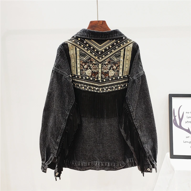 Boho Women's Denim Jacket 2021 Spring Vintage Floral Embroidery Suede ...