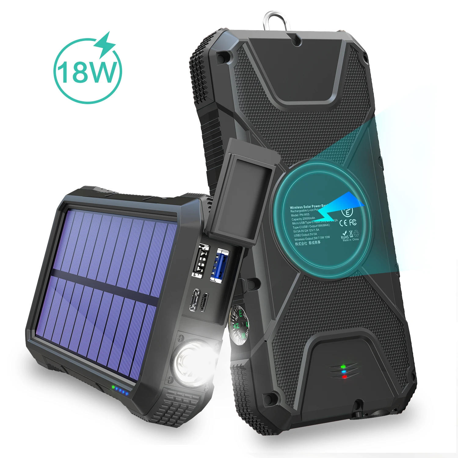 Solar Power Bank 20000mAh QI Wireless Solar Charger with Flashlight ...