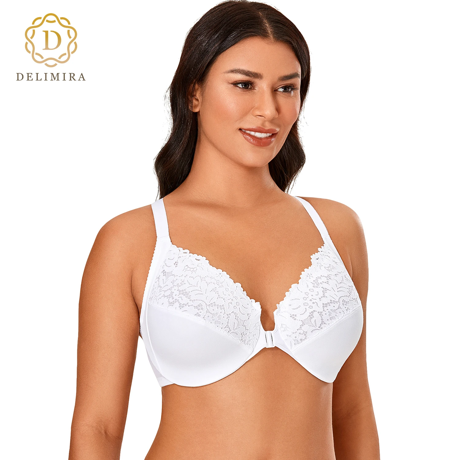 DELIMIRA Women's Front Closure Lace Bra Plus Size Full Figure Underwire Floral Racerback Big ...