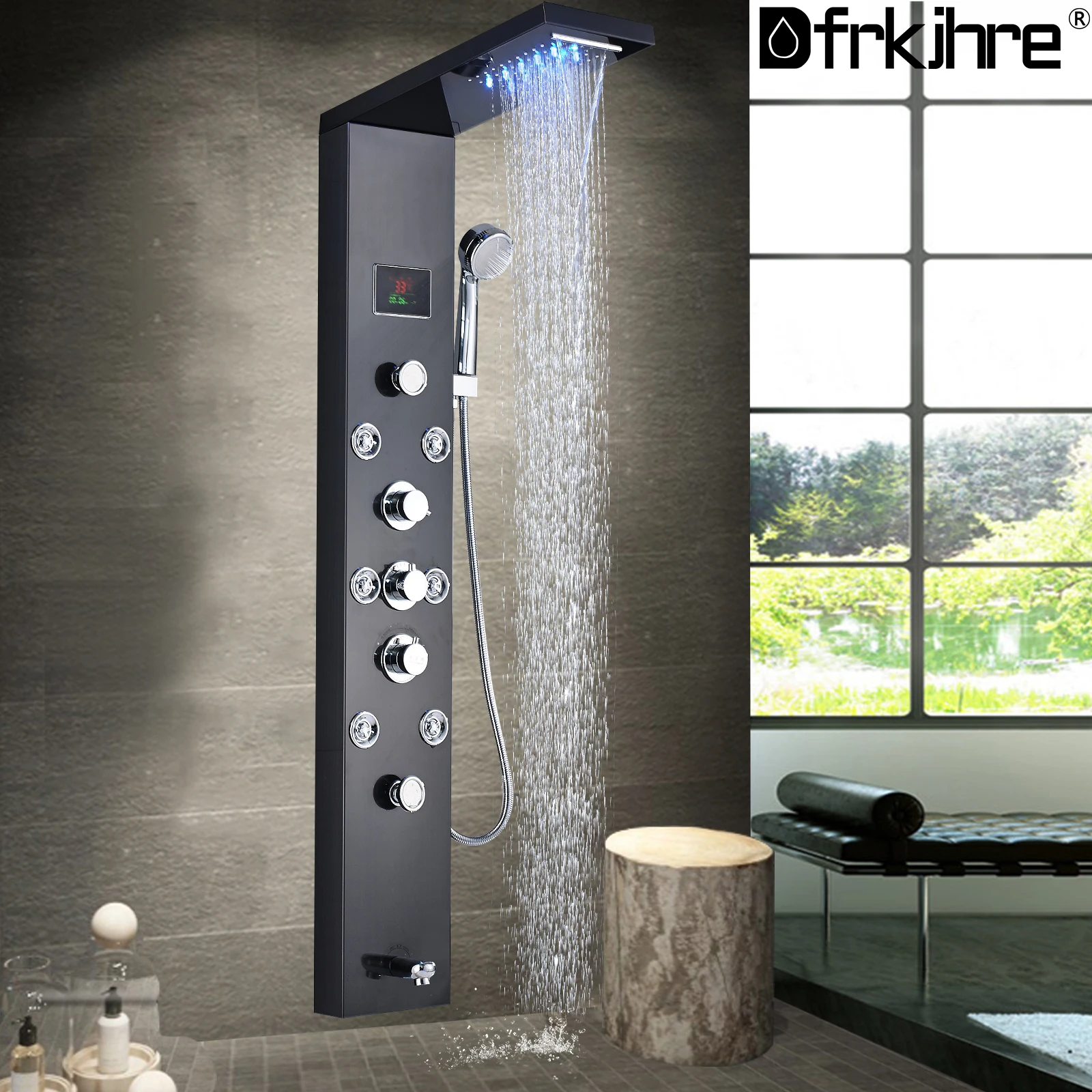 LED 6 Functions Nickel Brushed Waterfall Shower Panel Wall Mounted ...