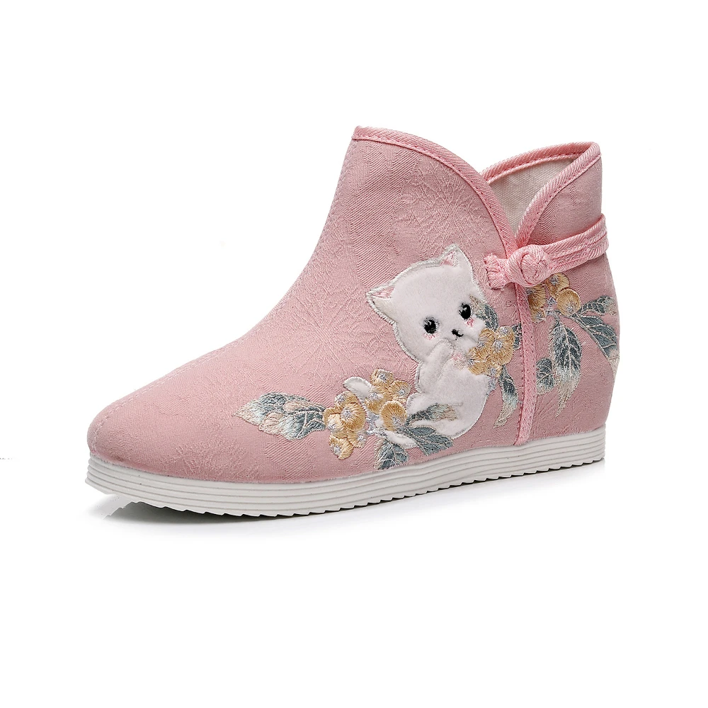 Retro-Women-Embroidered-Cotton-Cute-Cat-Short-Flat-Boots-Autumn-Ladies ...