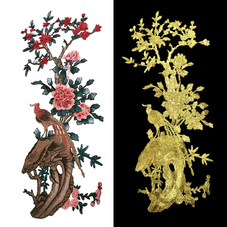 1Pcs 73*31cm Large gold line embroidery phoenix bird patches high grade ...