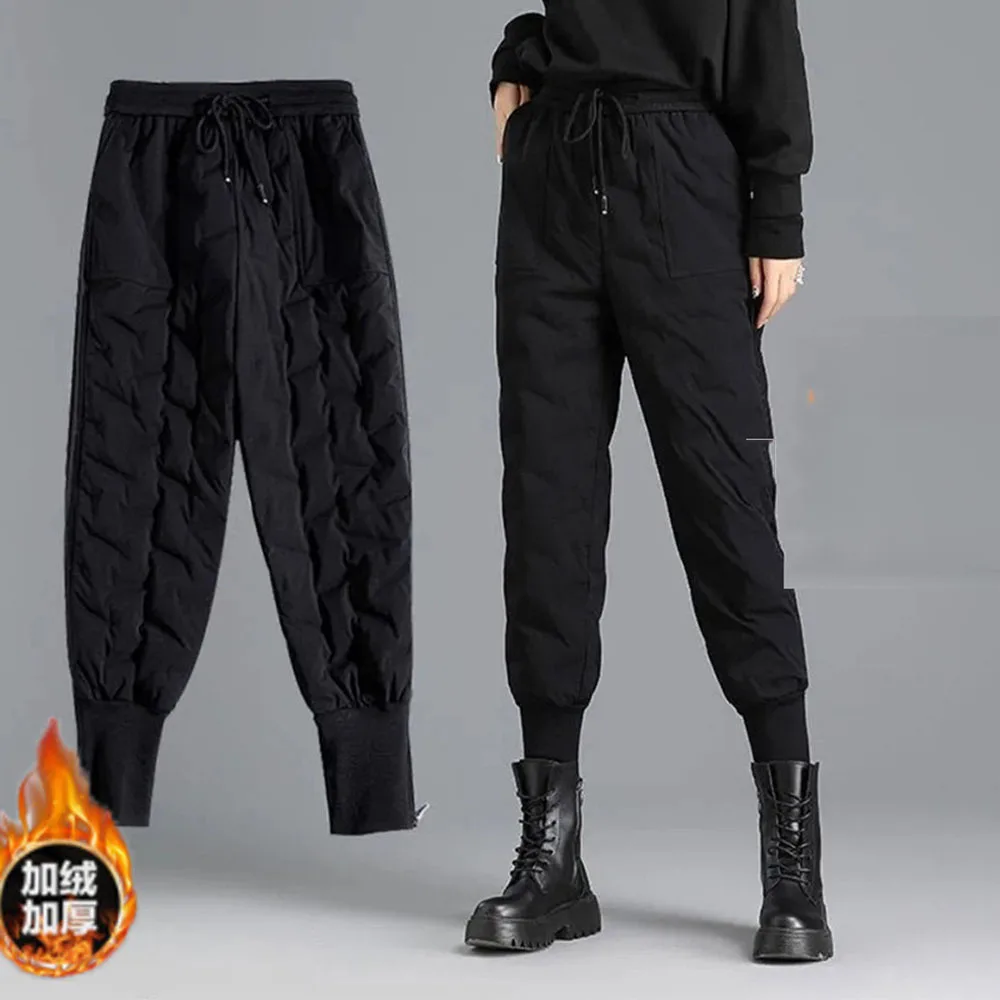 High Waist Sweatpants Women Winter Warm Down Cotton Pants Black Long ...