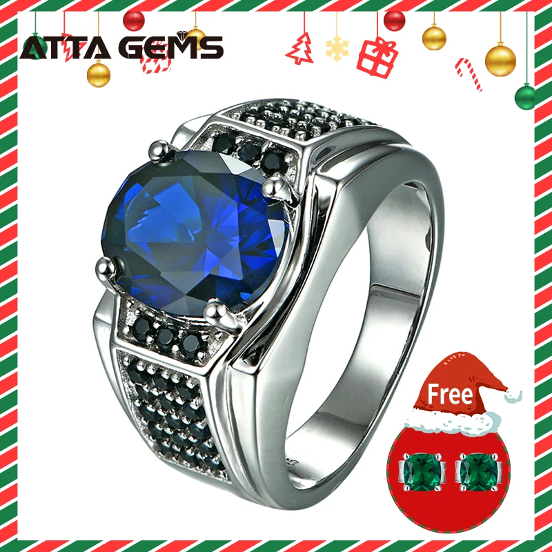 Голубое сапфировое серебряное мужское обручальное кольцо S925 7,2 карат Сапфир классический ...