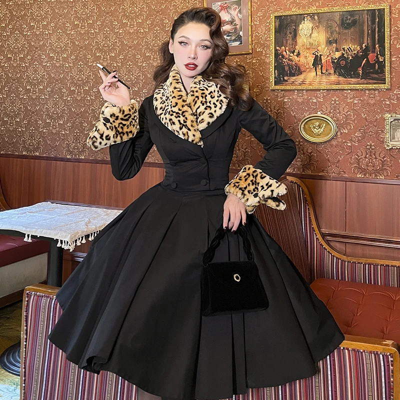 Le palais vintage 2021 inverno novo original preto leopardo impressão gola de pele jaquetas moda ...