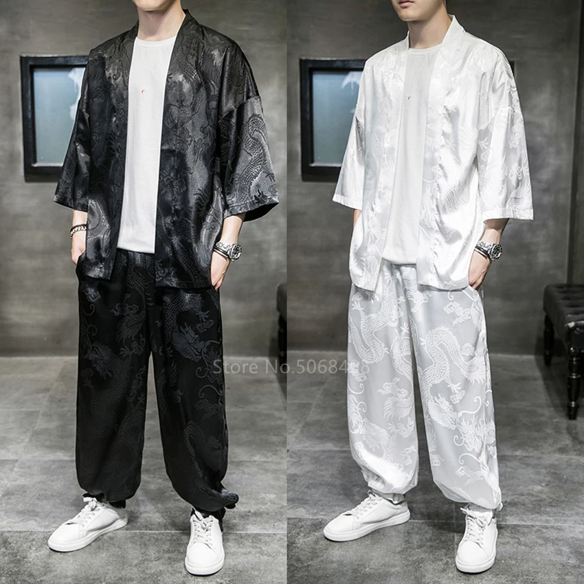 Japanese Style Vintage Kimono Haori Pants Set Men Sliver Traditional Bottom Harajuku Streetwear ...