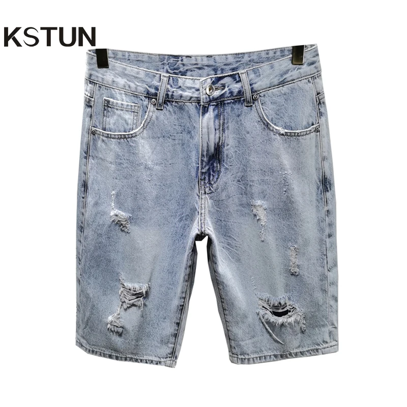 Jeans rasgados shorts homens verão luz azul em linha reta shorts homem ...
